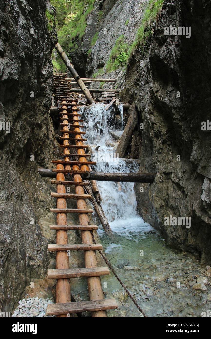 Dangerous trail through a waterfall with wooden ladders in the Slovak ...