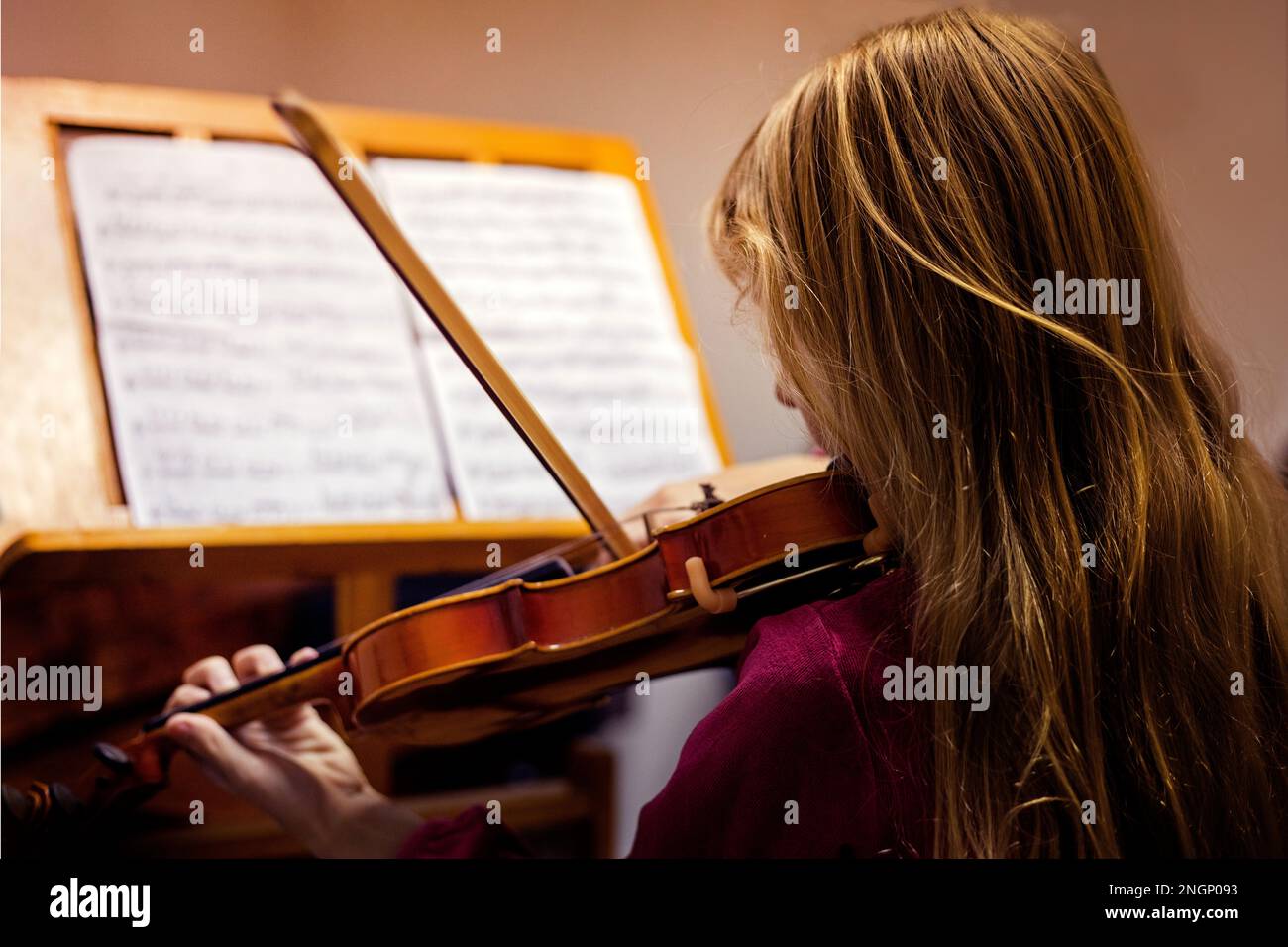 little girl with long hair violinist with her back is learning a piece ...