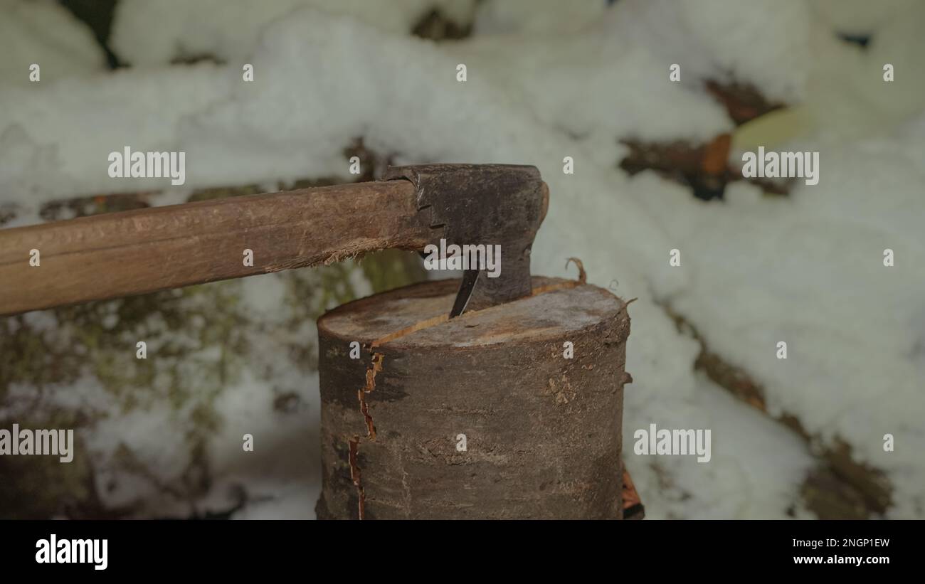 Battling the Cold, Close-Up of Axe Splitting Wood in Snowy Conditions ...