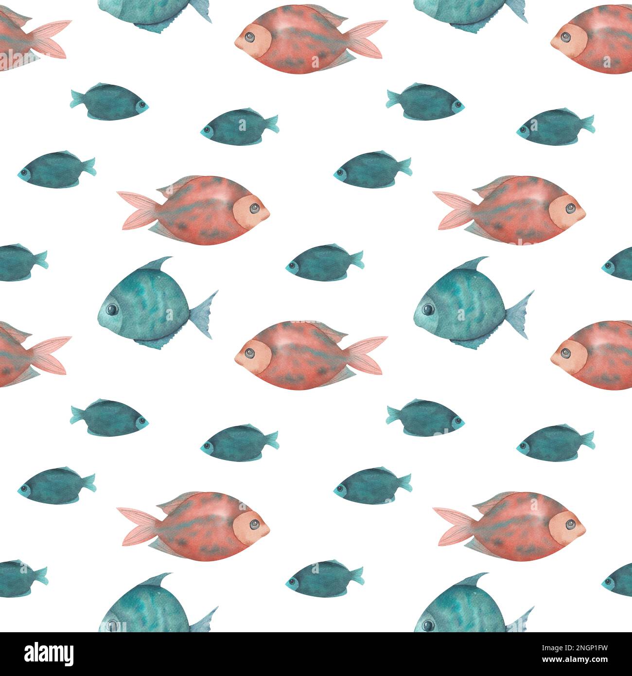 Hand-drawn watercolor fish seamless pattern. A set of decorative blue ...