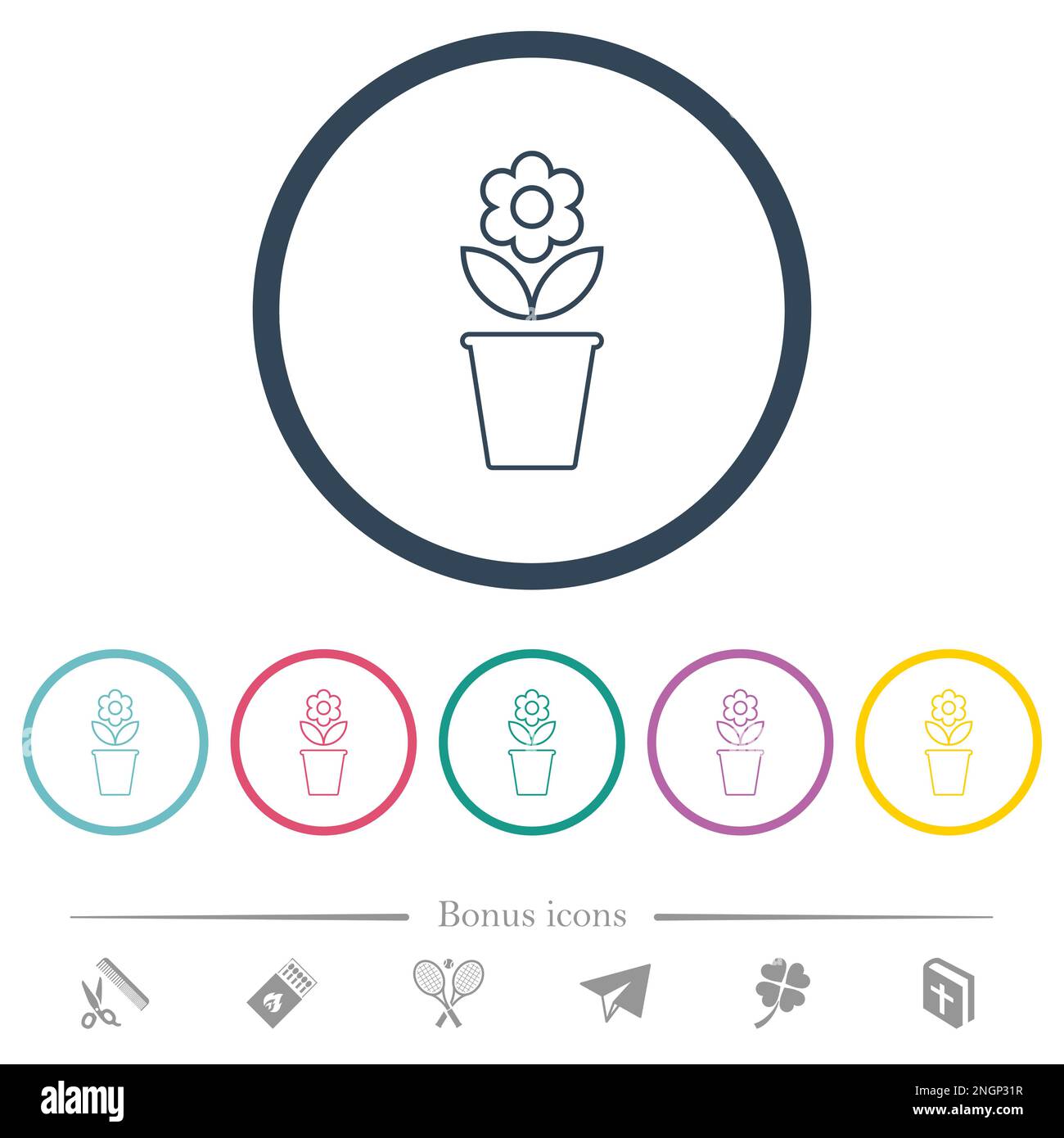 flowerpot with flower and leaves outline flat color icons in round ...