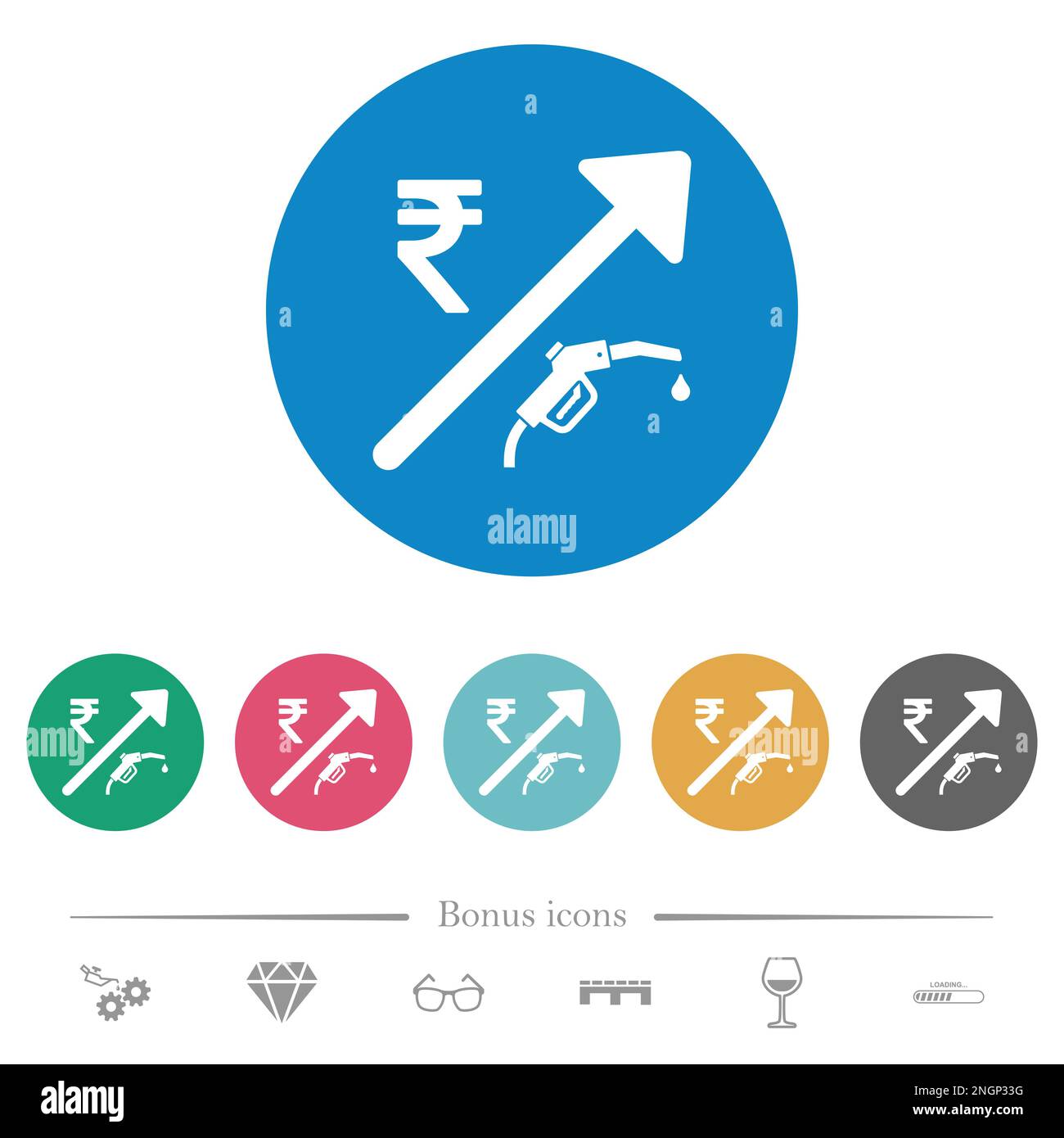 Rising fuel Indian Rupee prices flat white icons on round color ...