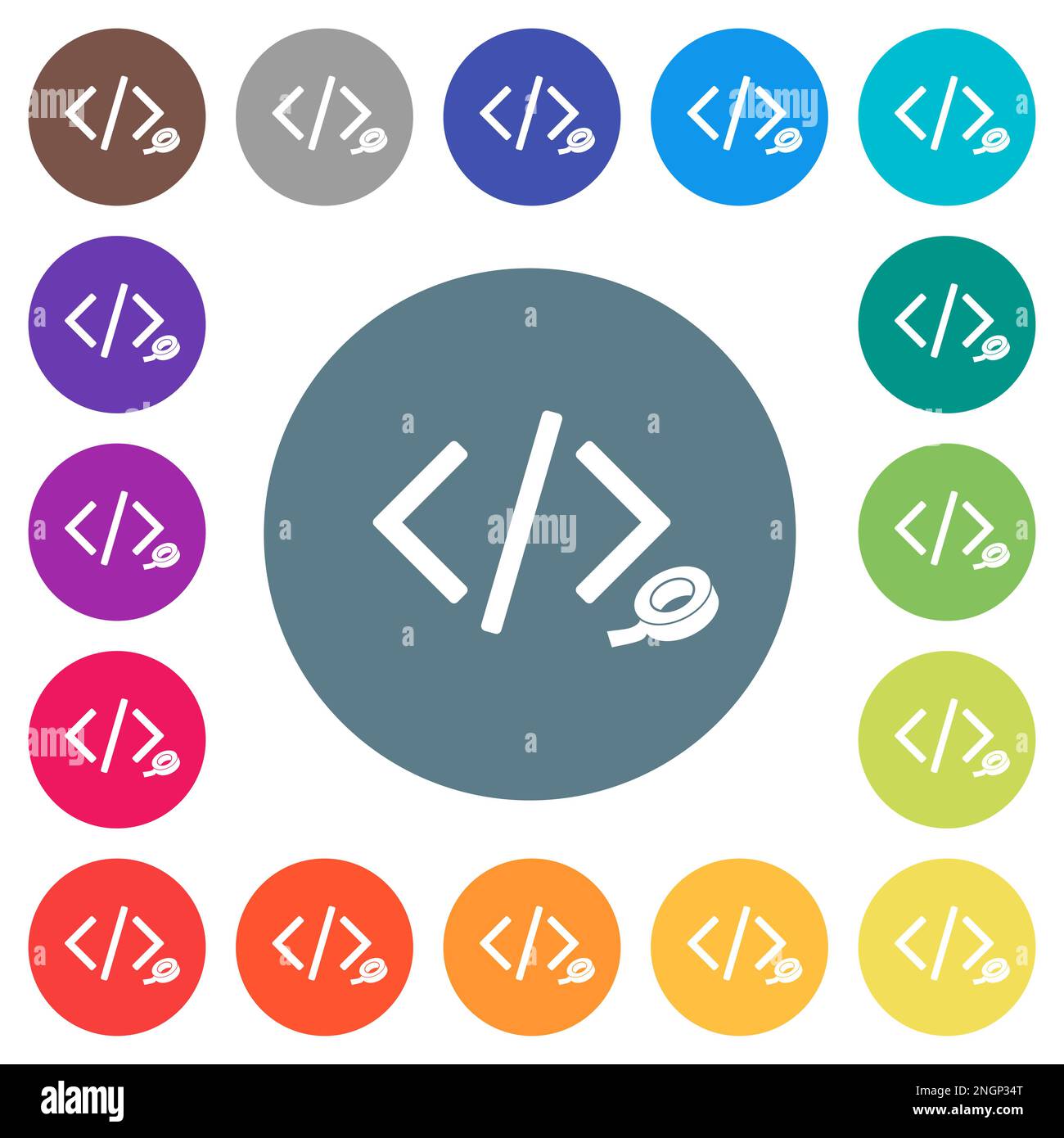 Software patch flat white icons on round color backgrounds. 17 background color variations are ...