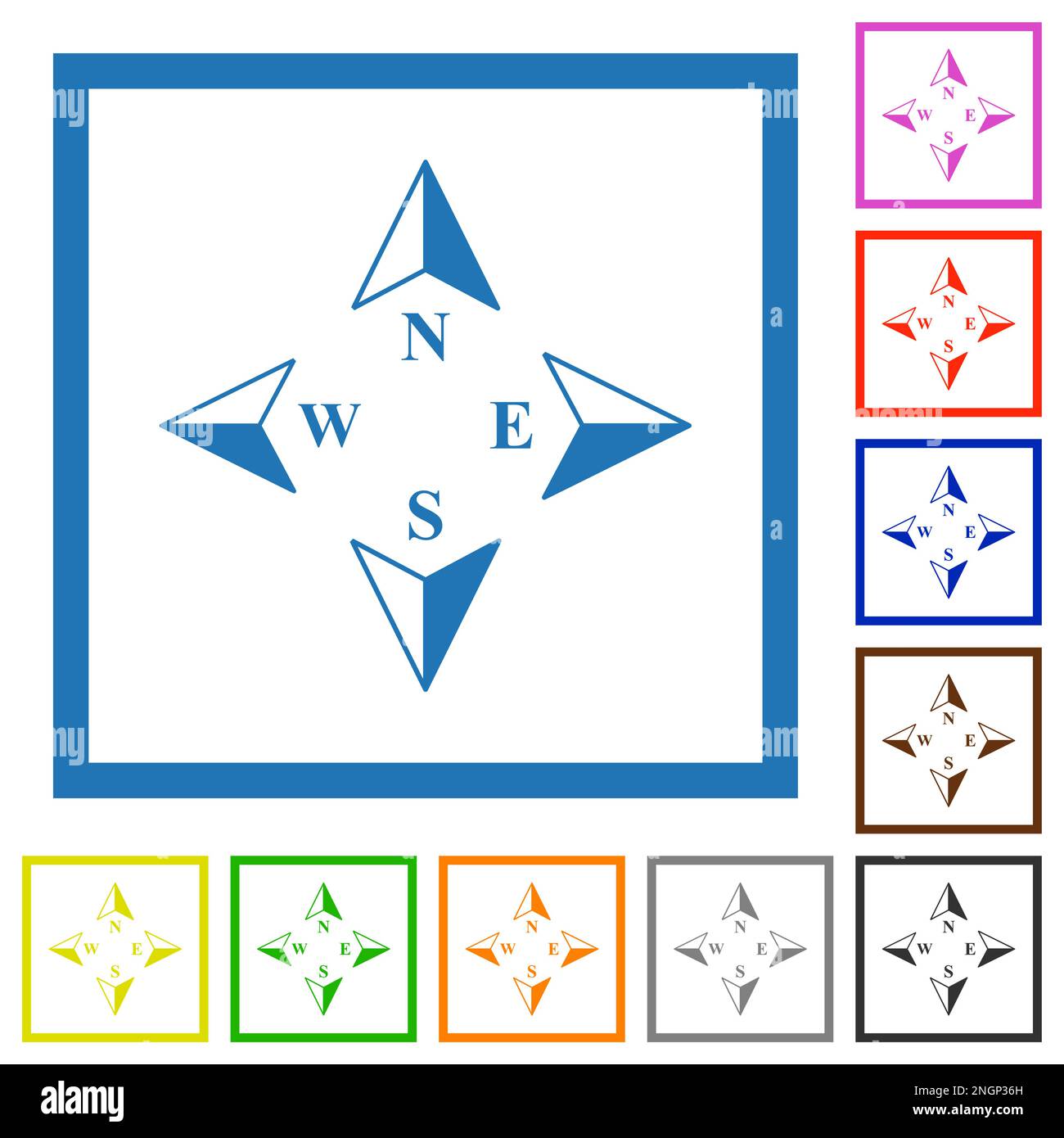 Compass directions flat color icons in square frames on white ...