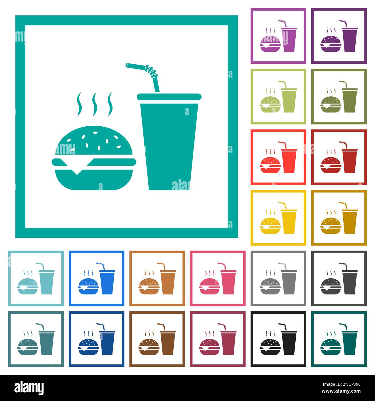 Fast food menu with cheeseburger and drink solid flat color icons with ...
