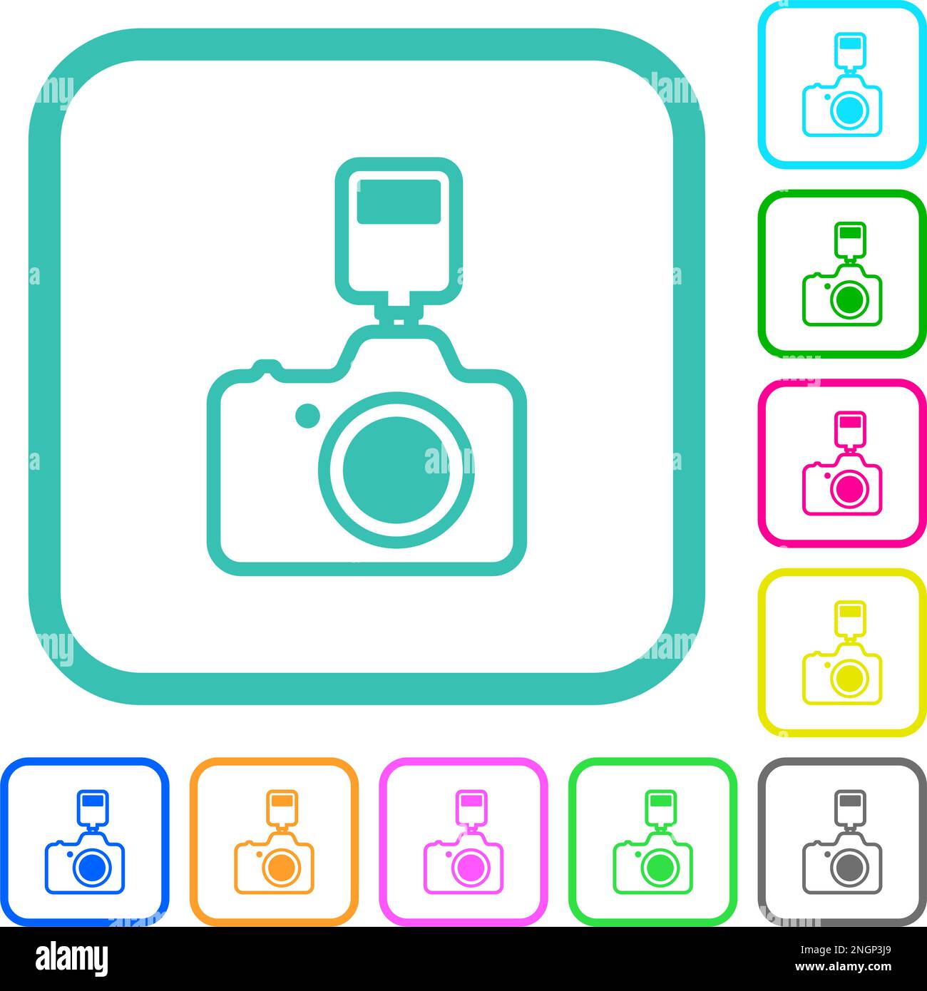 Camera with flash outline vivid colored flat icons in curved borders on ...