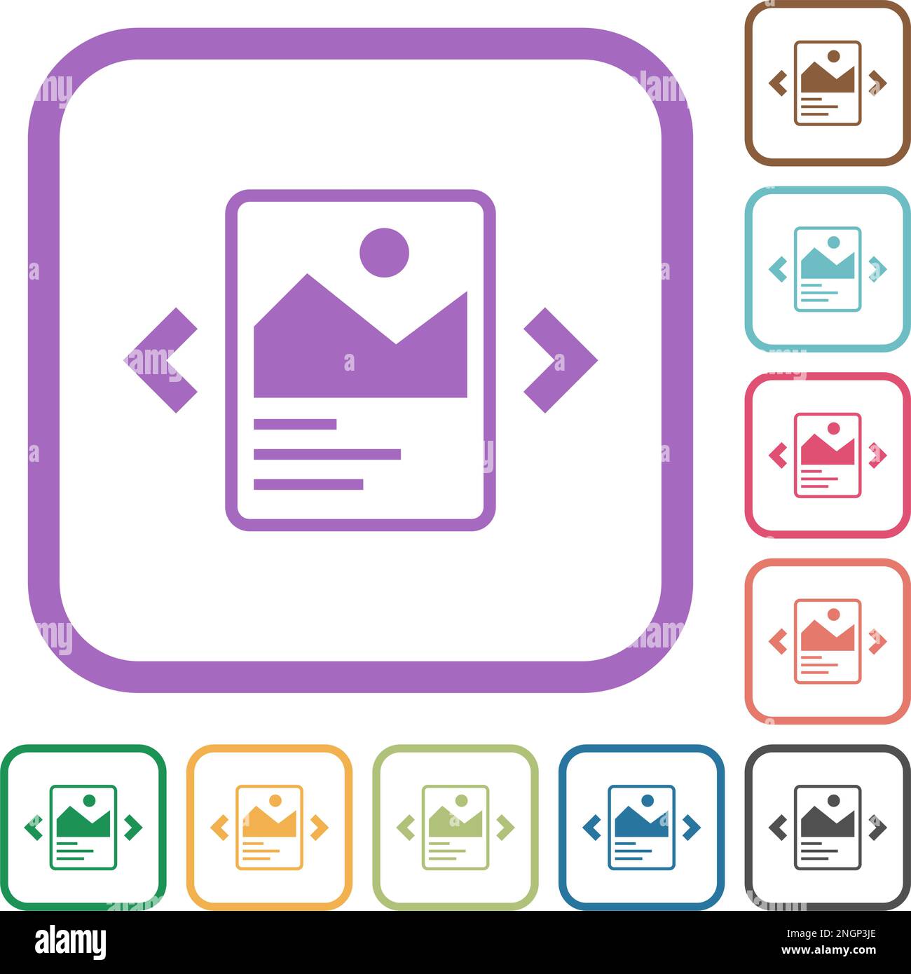 Image slideshow with captions simple icons in color rounded square frames on white background ...