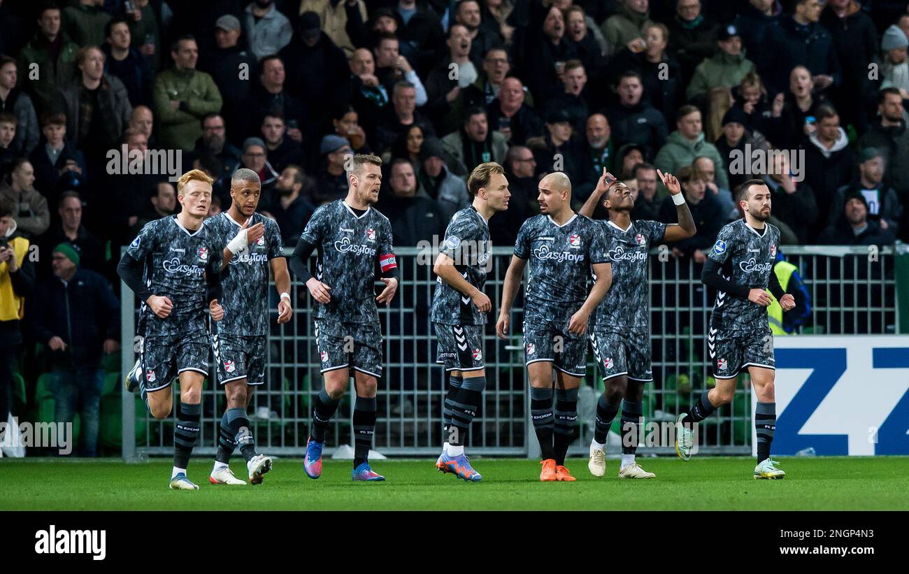 GRONINGEN - players of FC Emmen celebrate the 1-1 during the Dutch ...