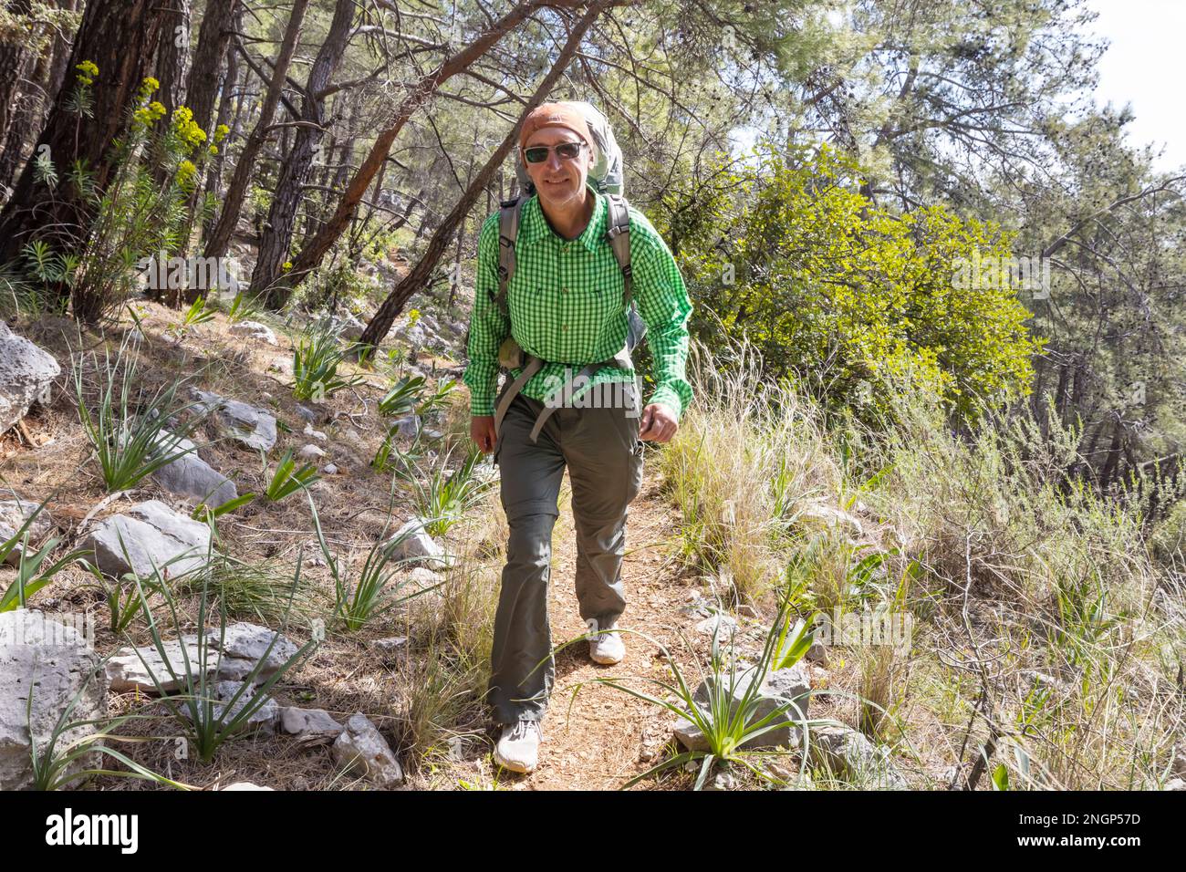 Hiking in famous Lycian Way in the Turkey. Backpacker in the trail ...