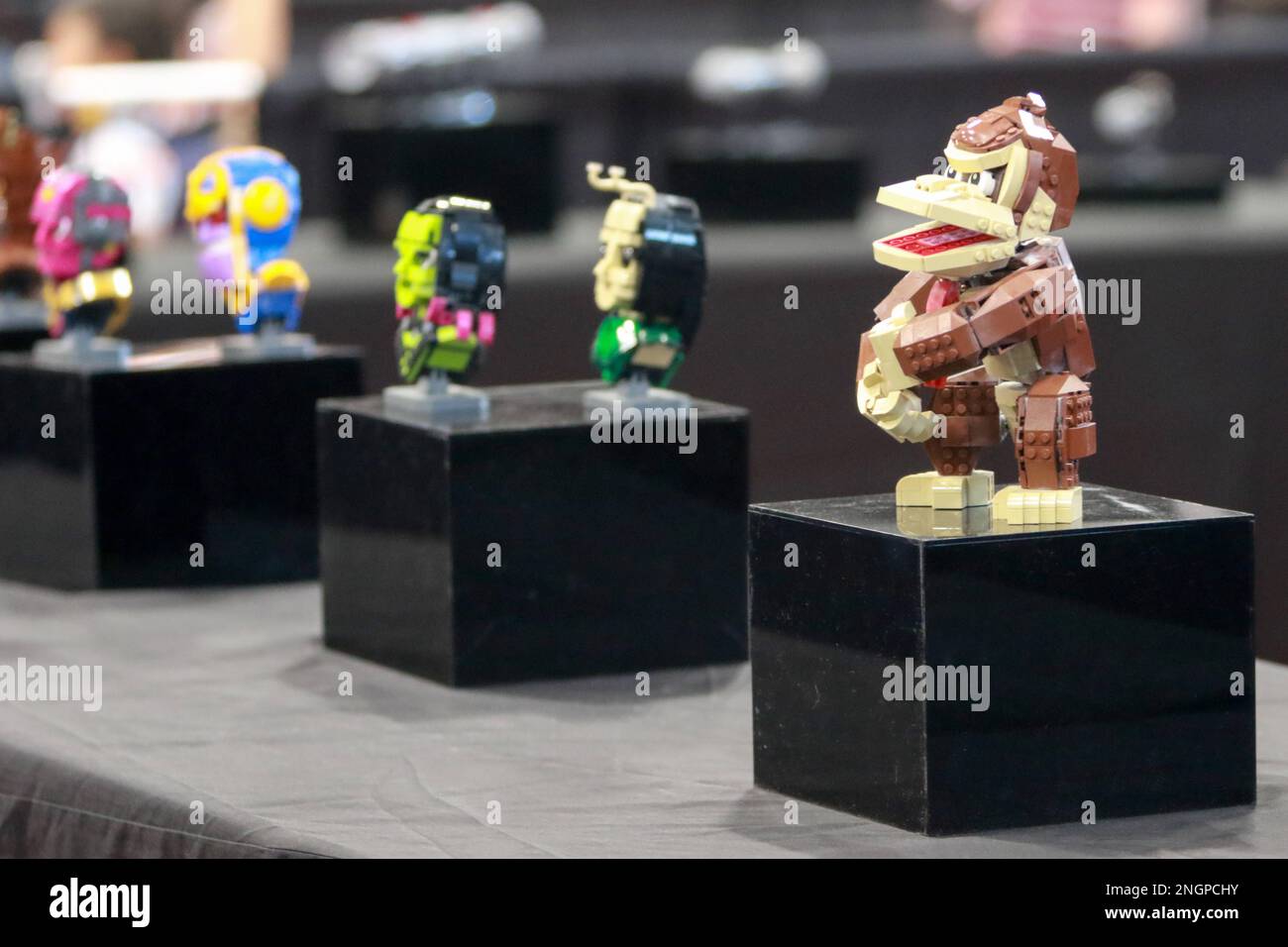 Different characters made out of LEGO blocks are on display during ...