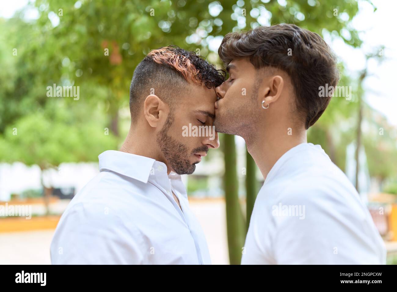 Two hispanic men couple standing together kissing at park Stock Photo - Alamy