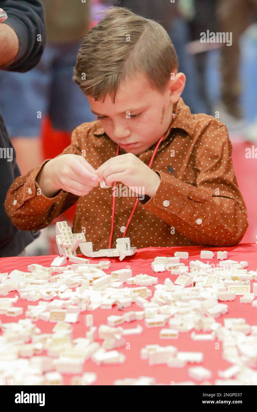 A young boy assembles his own LEGO creation at Brick Fest Live at Bell ...