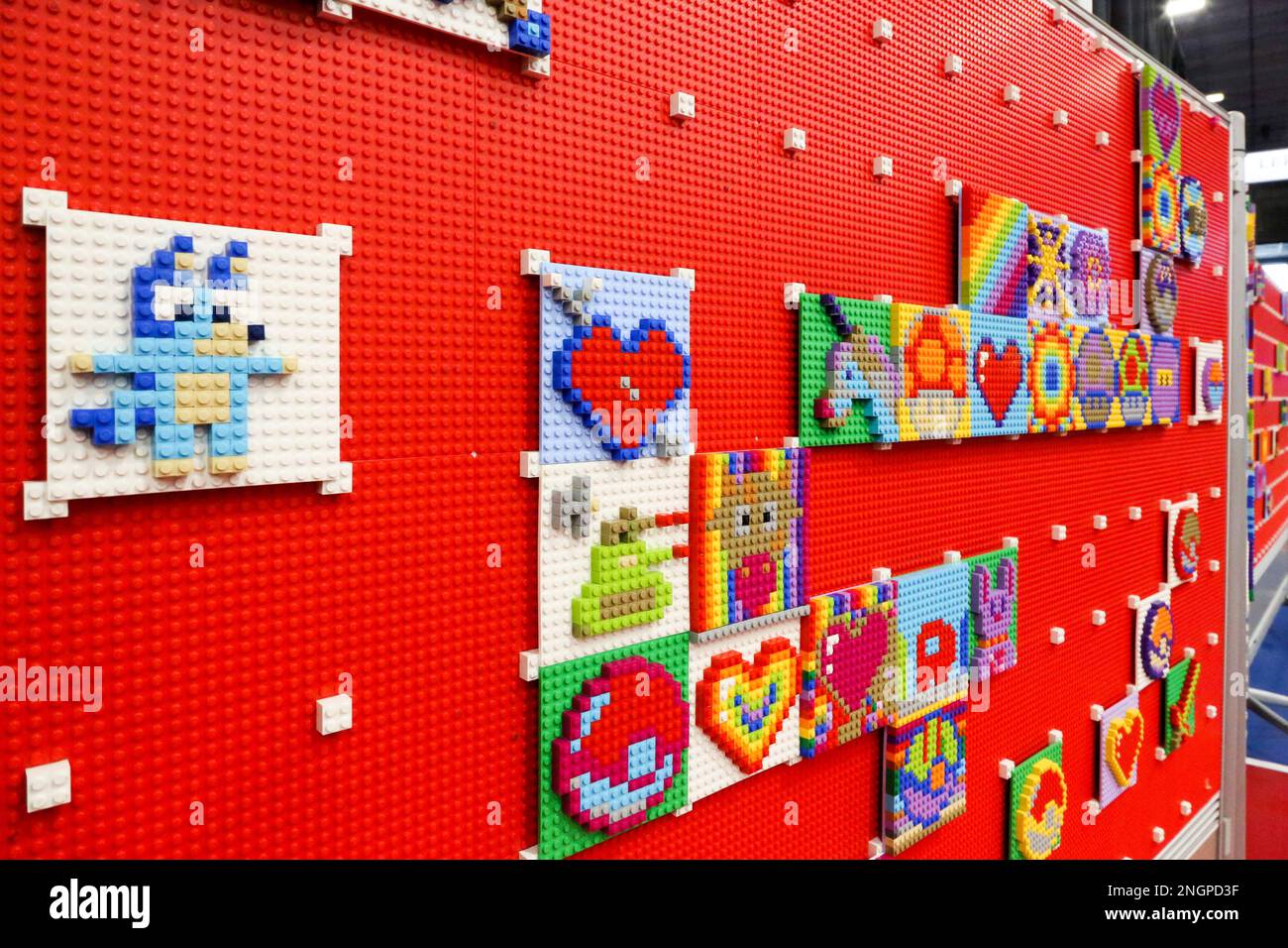 Completed LEGO boards with mini LEGO blocks are put on display during ...