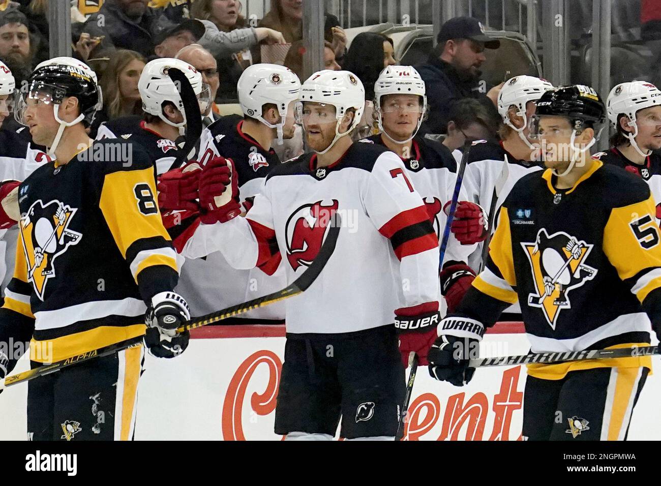 New Jersey Devils teammates congratulate defenseman Dougie Hamilton (7 ...
