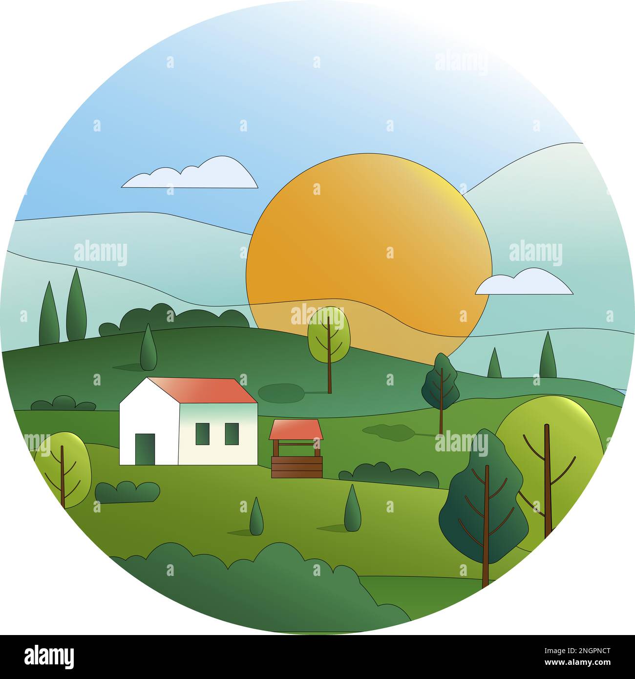 Rural landscape with a house. Rural green fields, trees on a bright ...