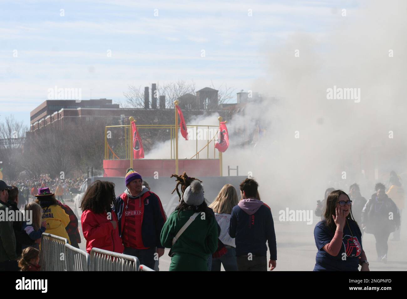 Truck fire during the St. Louis Mardi Gras Parade 2023. Float number ...