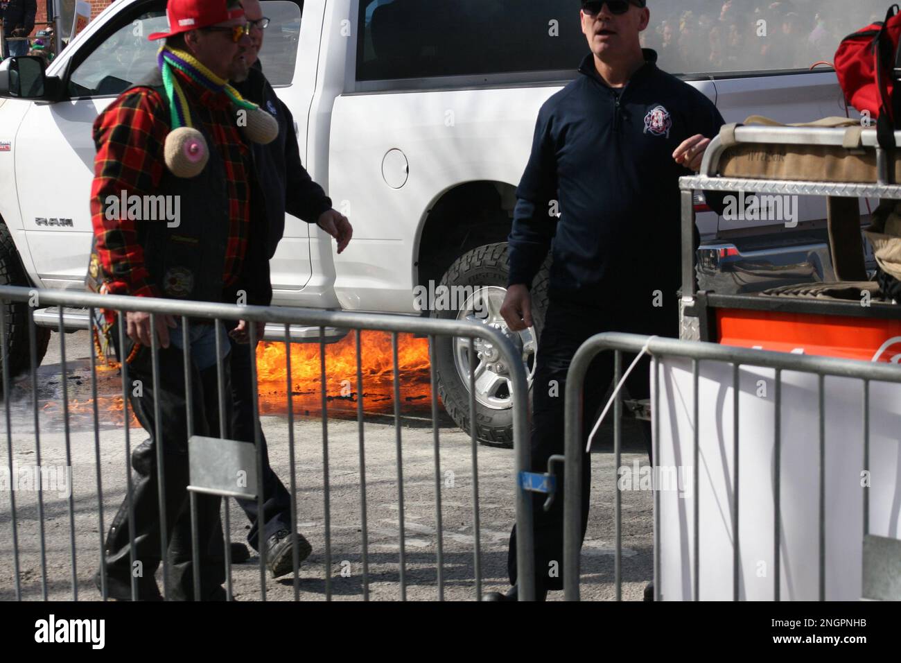 Truck fire during the St. Louis Mardi Gras Parade 2023. Float number ...