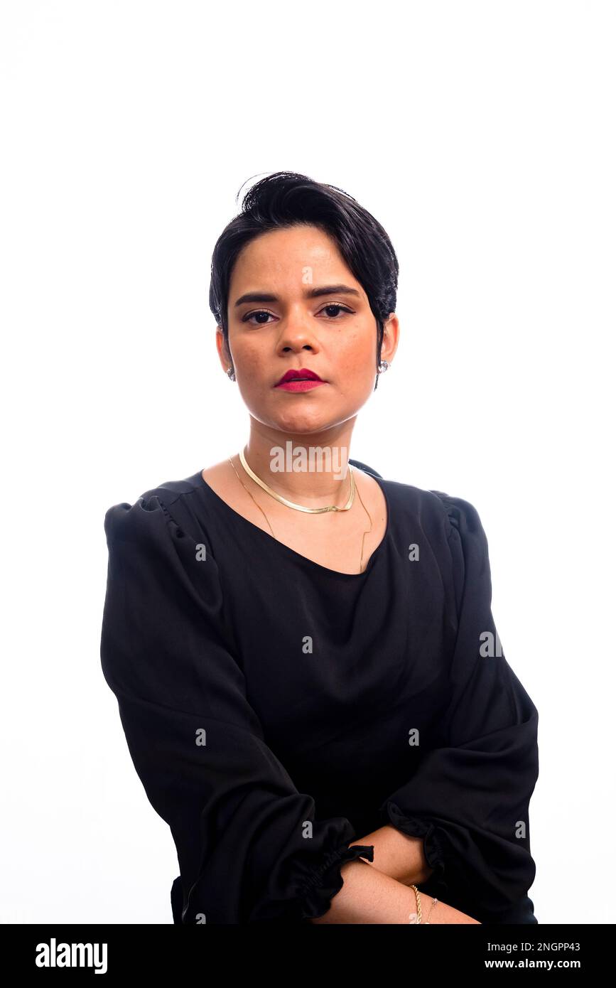 Confident young female investor wearing black. Isolated on white ...