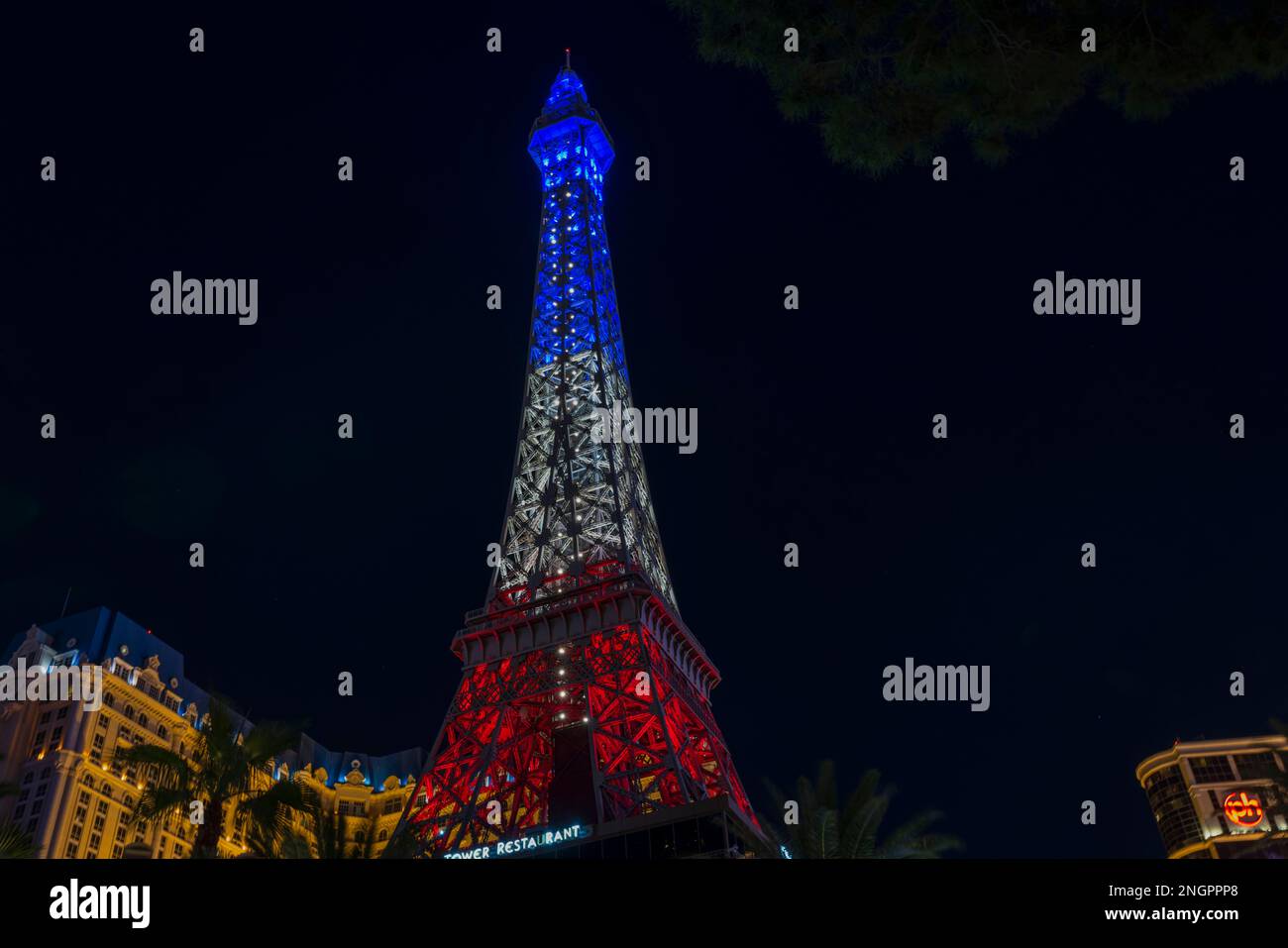 Beautiful night view of tops of the Strip's hotel buildings, with ...