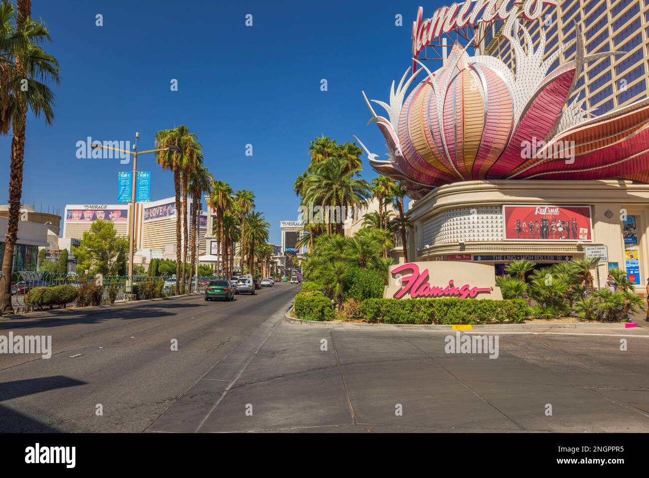 Gorgeous view of colorful Flamingo hotel casino exterior on Strip of ...