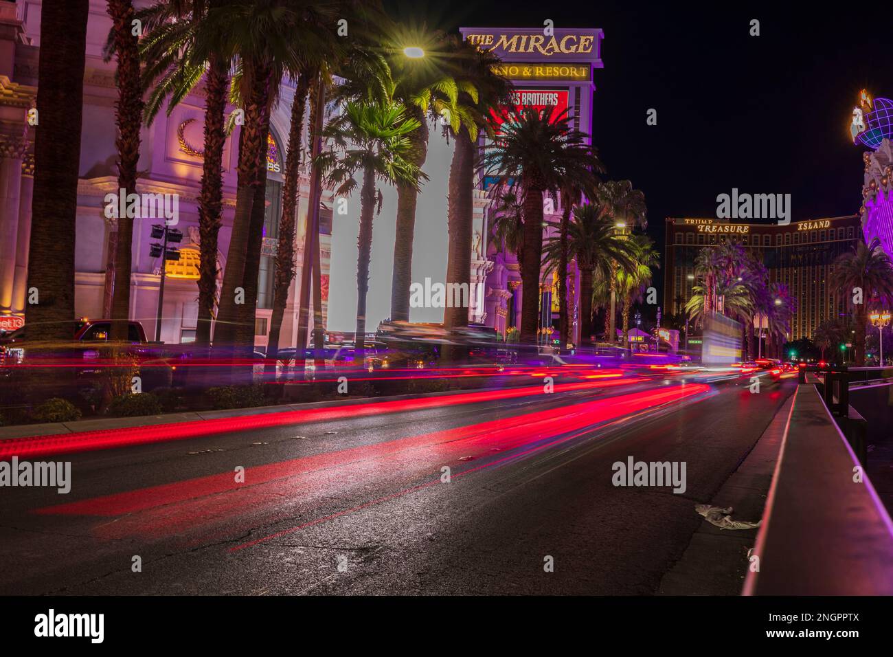Gorgeous out-of-focus tracers of Strip road. Night Las Vegas cityscape view. Nevada, Las Vegas ...