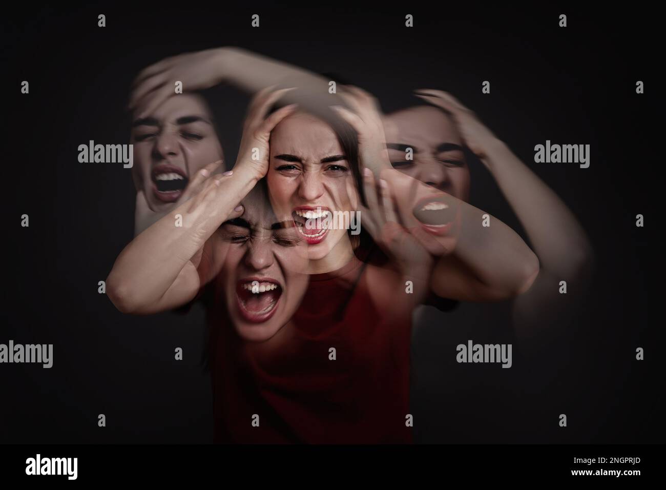 Woman with personality disorder on dark background, multiple exposure ...