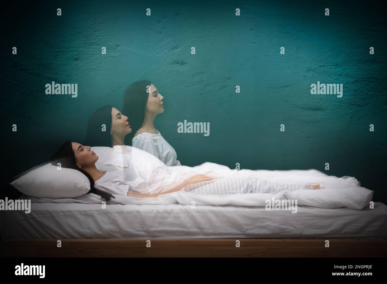 Somnambulist rising from bed near green wall indoors, multiple exposure ...