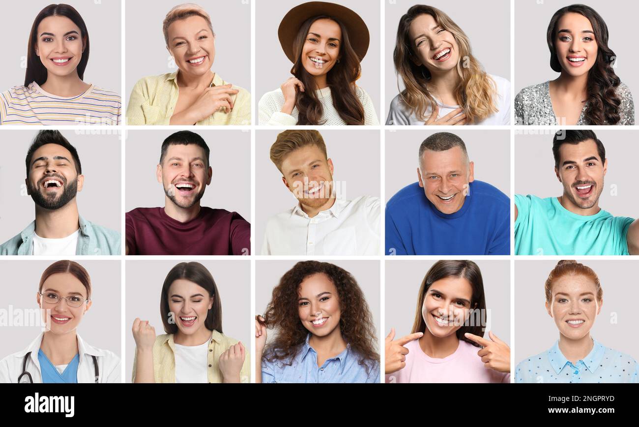 Collage with photos of happy smiling people on light grey background ...