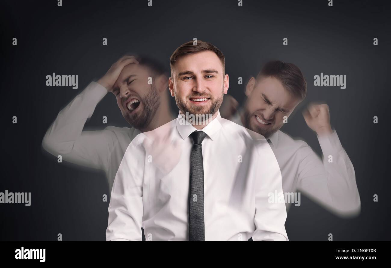 Man with personality disorder on dark background, multiple exposure ...