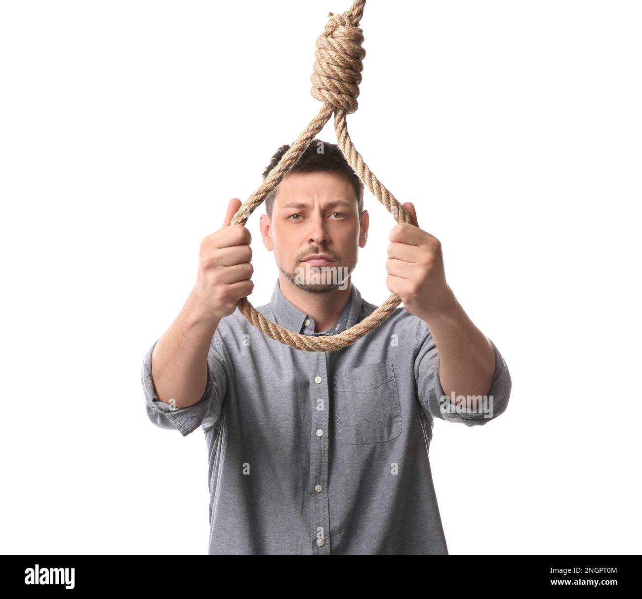 Depressed man with rope noose on white background Stock Photo - Alamy