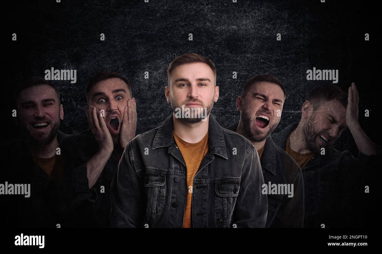 Man with personality disorder on dark background, multiple exposure ...