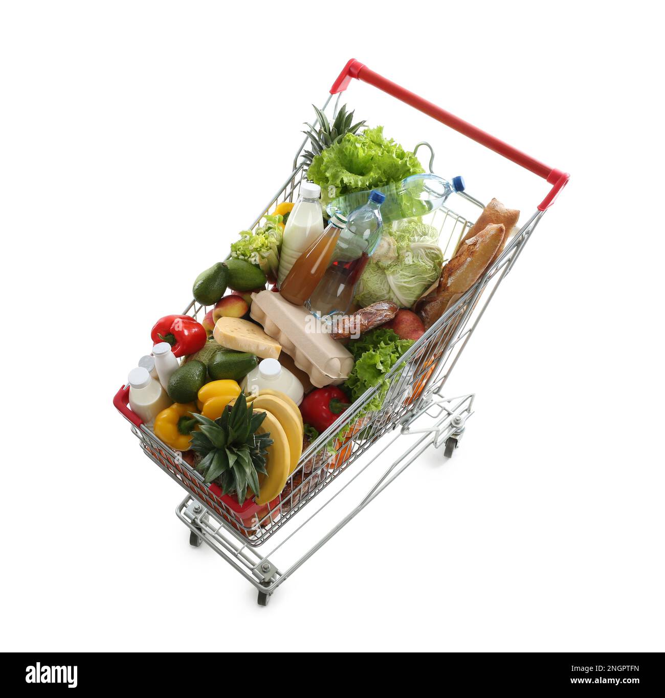 Shopping cart with groceries on white background, above view Stock ...