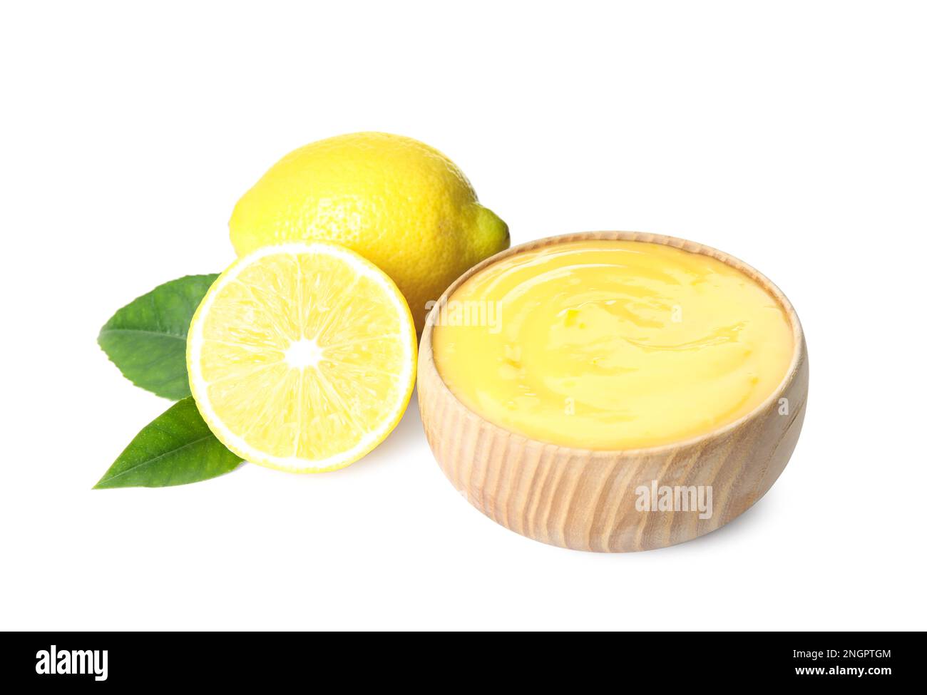 Delicious lemon curd, fresh fruits and green leaves on white background ...