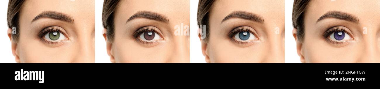 Collage with photos of woman wearing different color contact lenses ...