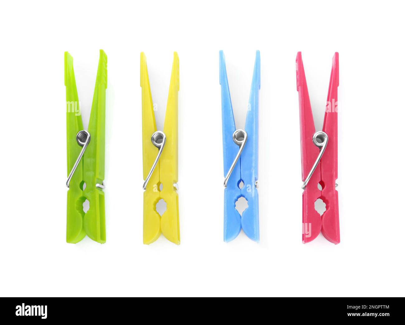Colorful plastic clothespins on white background, top view Stock Photo ...