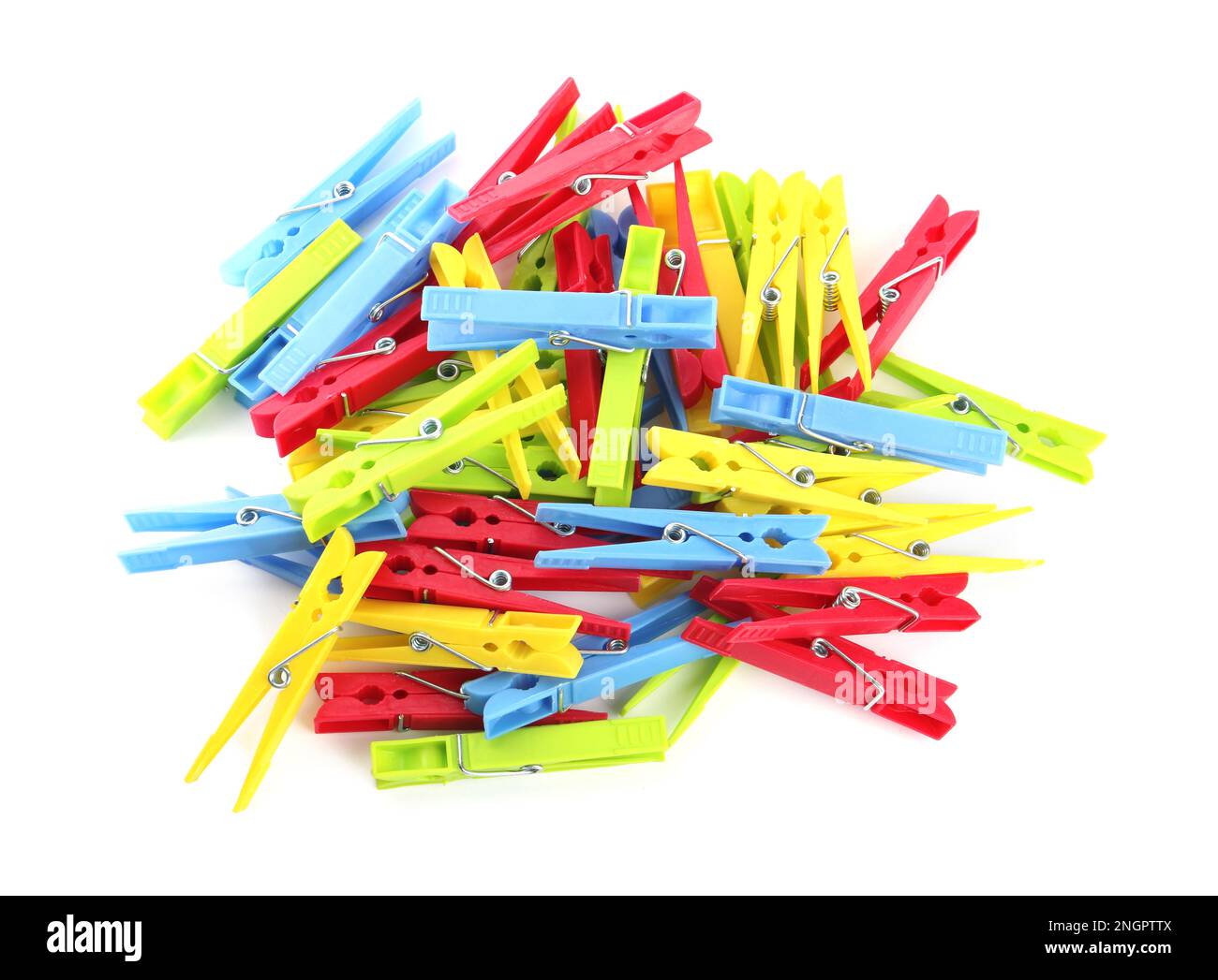 Colorful plastic clothespins on white background, top view Stock Photo ...
