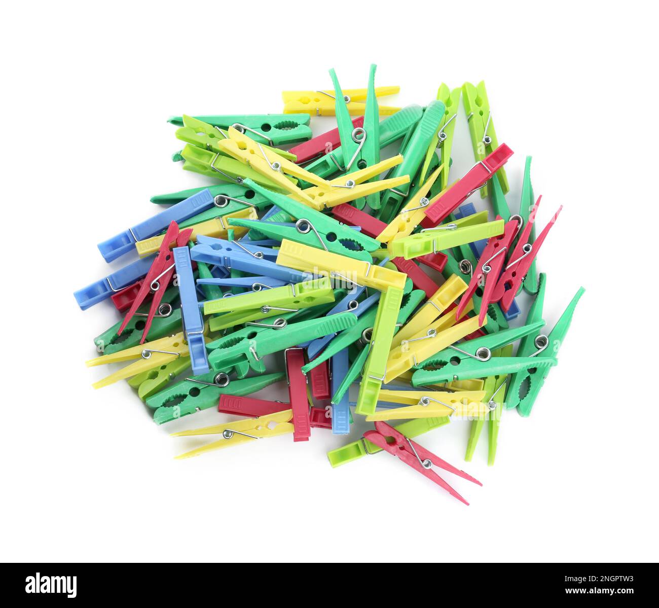 Colorful plastic clothespins on white background, top view Stock Photo ...