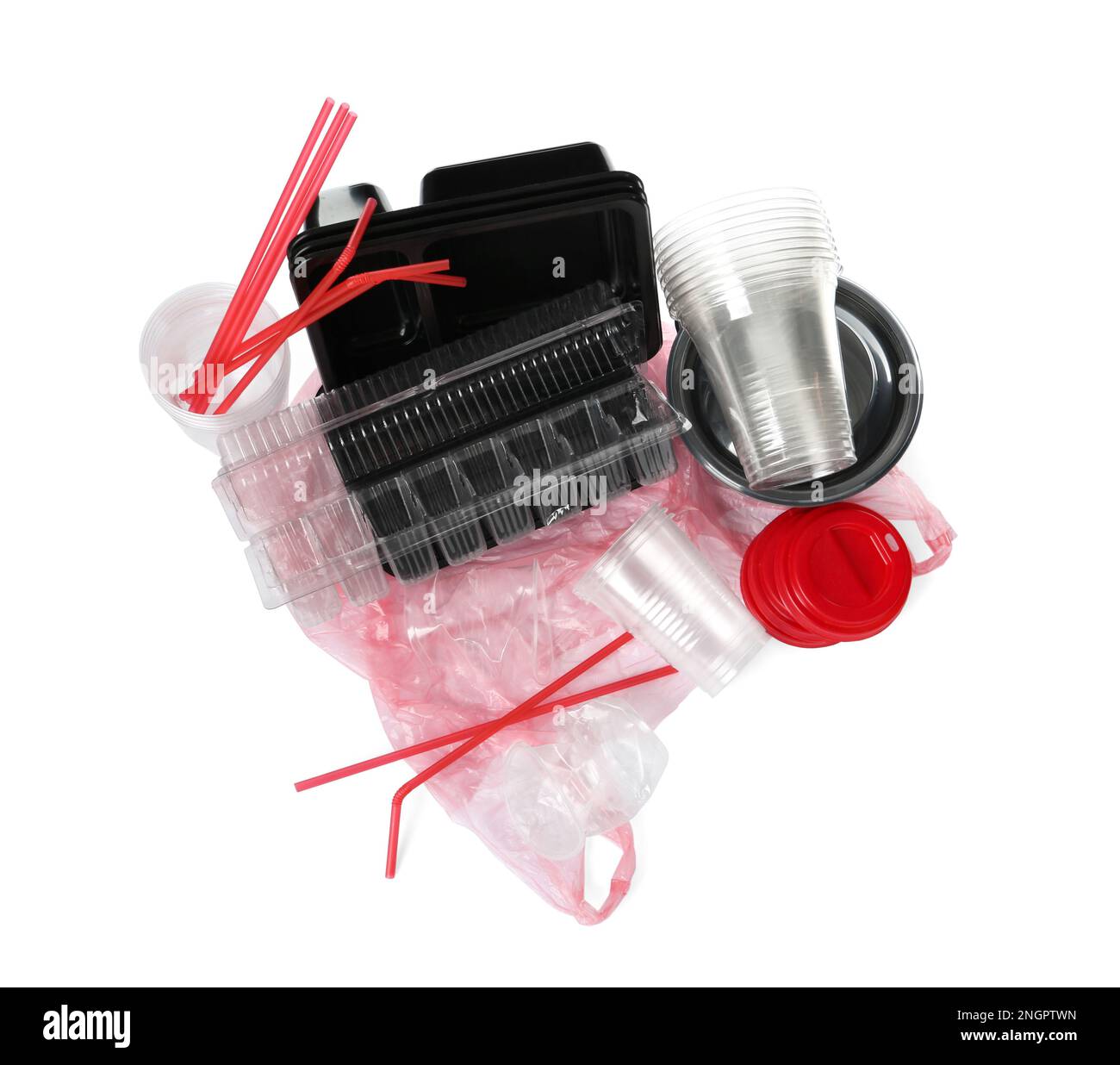 Pile of different plastic items on white background Stock Photo - Alamy