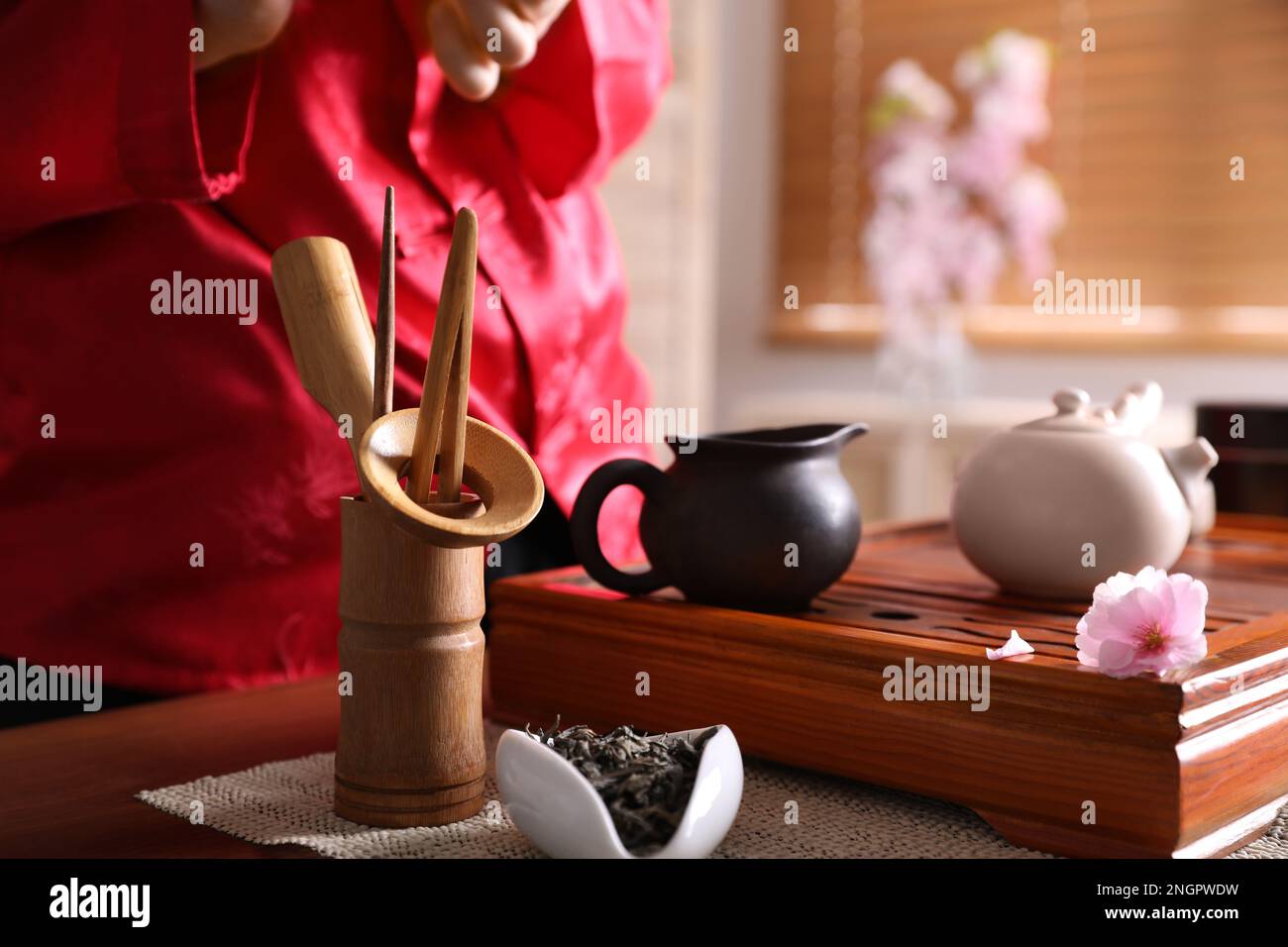 Traditional tea ceremony. Master near tray with tools, closeup Stock ...