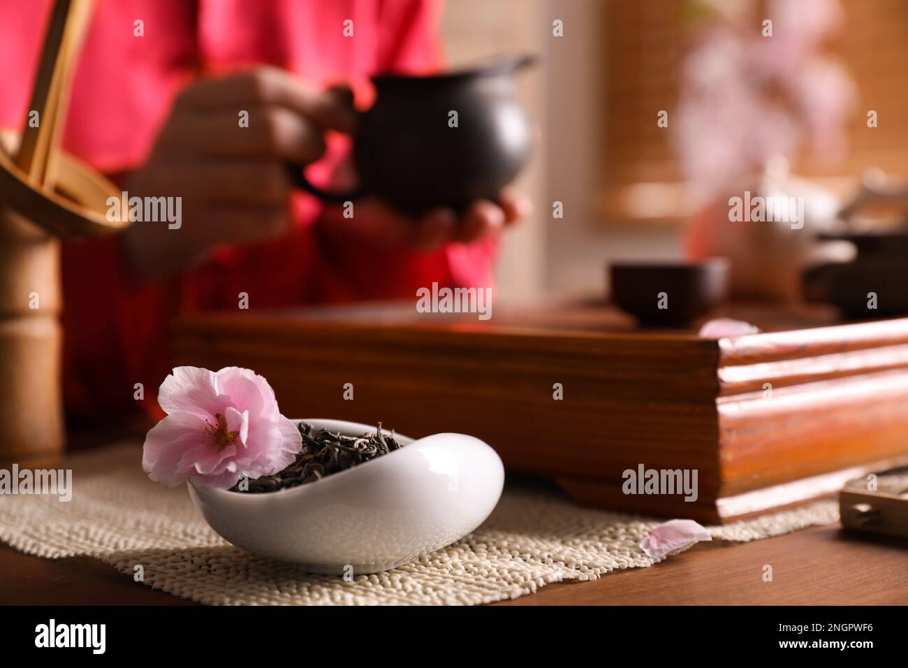 Traditional tea ceremony. Master near tray with tools, closeup Stock ...