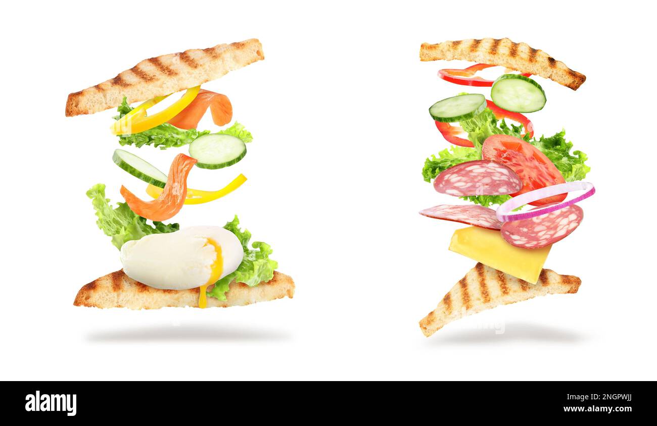 Delicious sandwiches with flying ingredients on white background ...