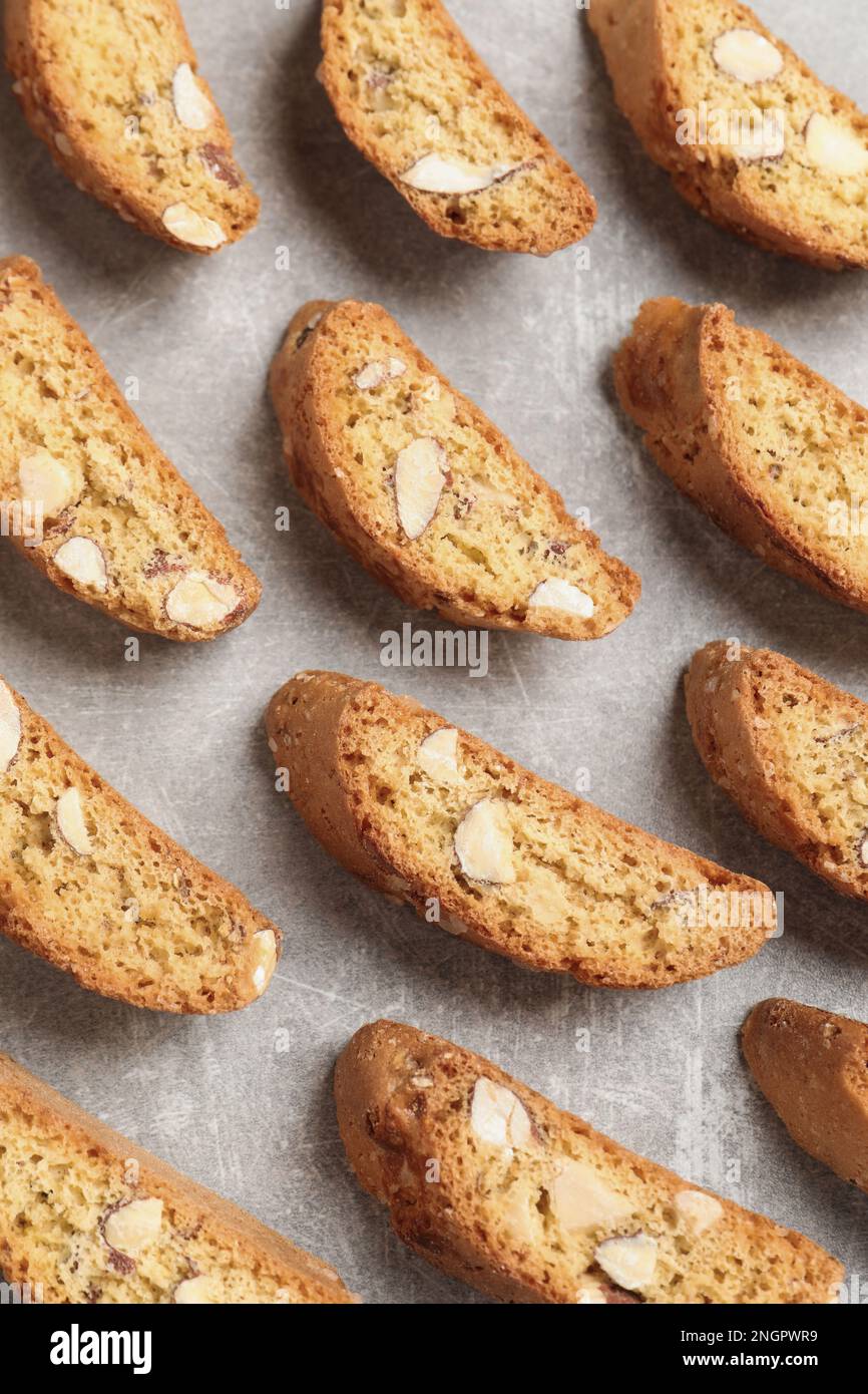 Traditional Italian almond biscuits (Cantucci) on light table, flat lay ...