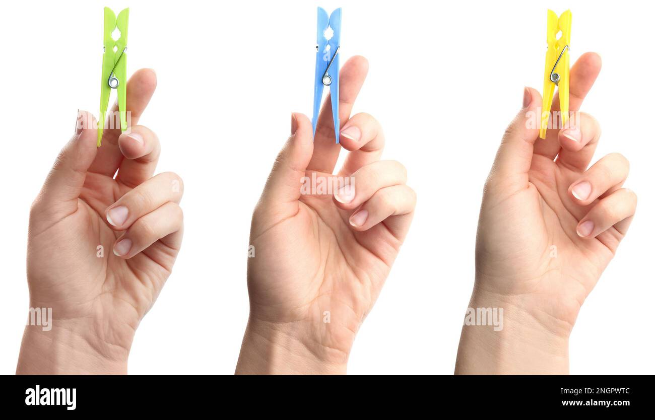 Collage with photos of women holding different bright clothespins on ...