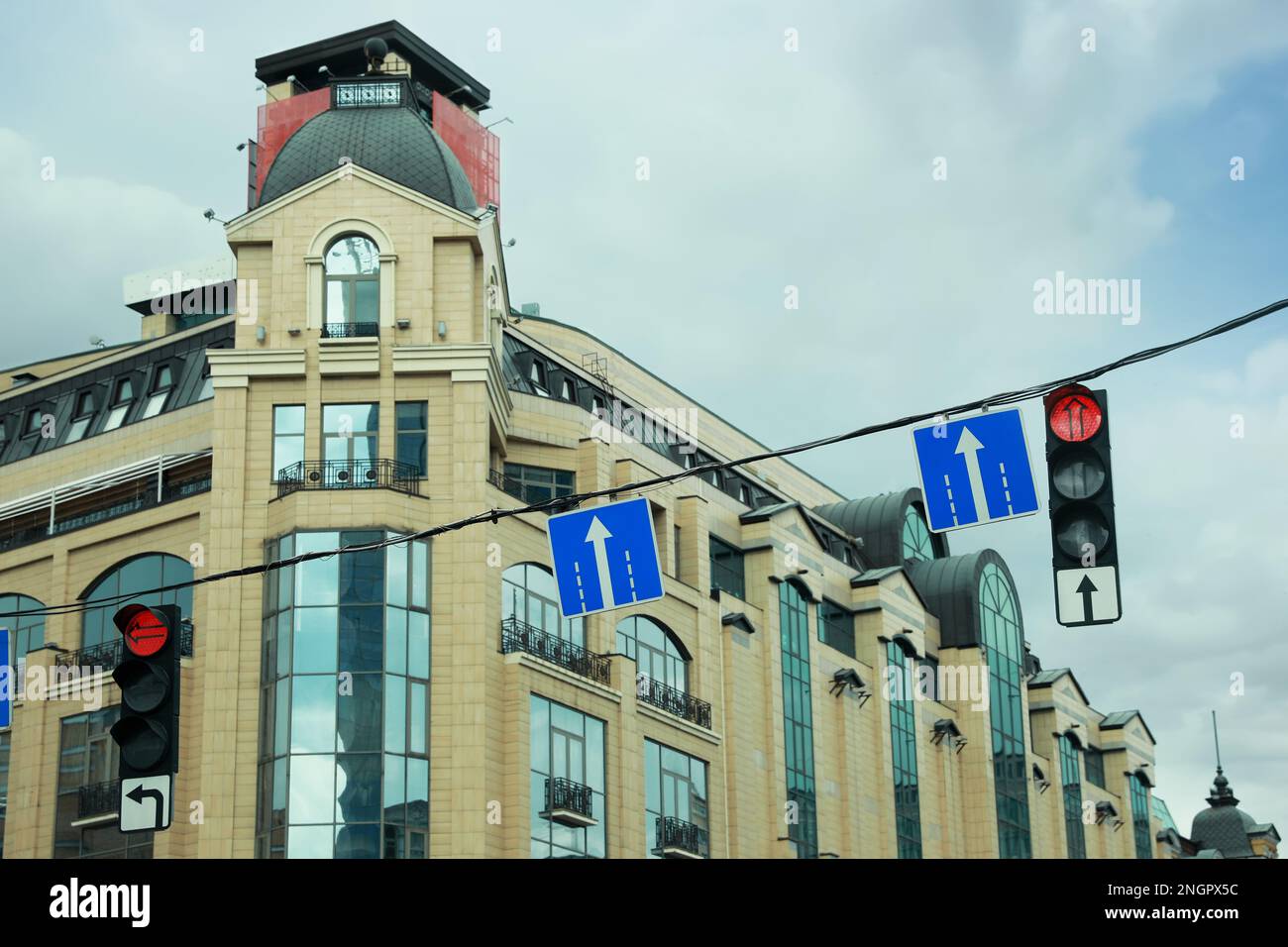 City street with traffic lights and road signs Stock Photo - Alamy