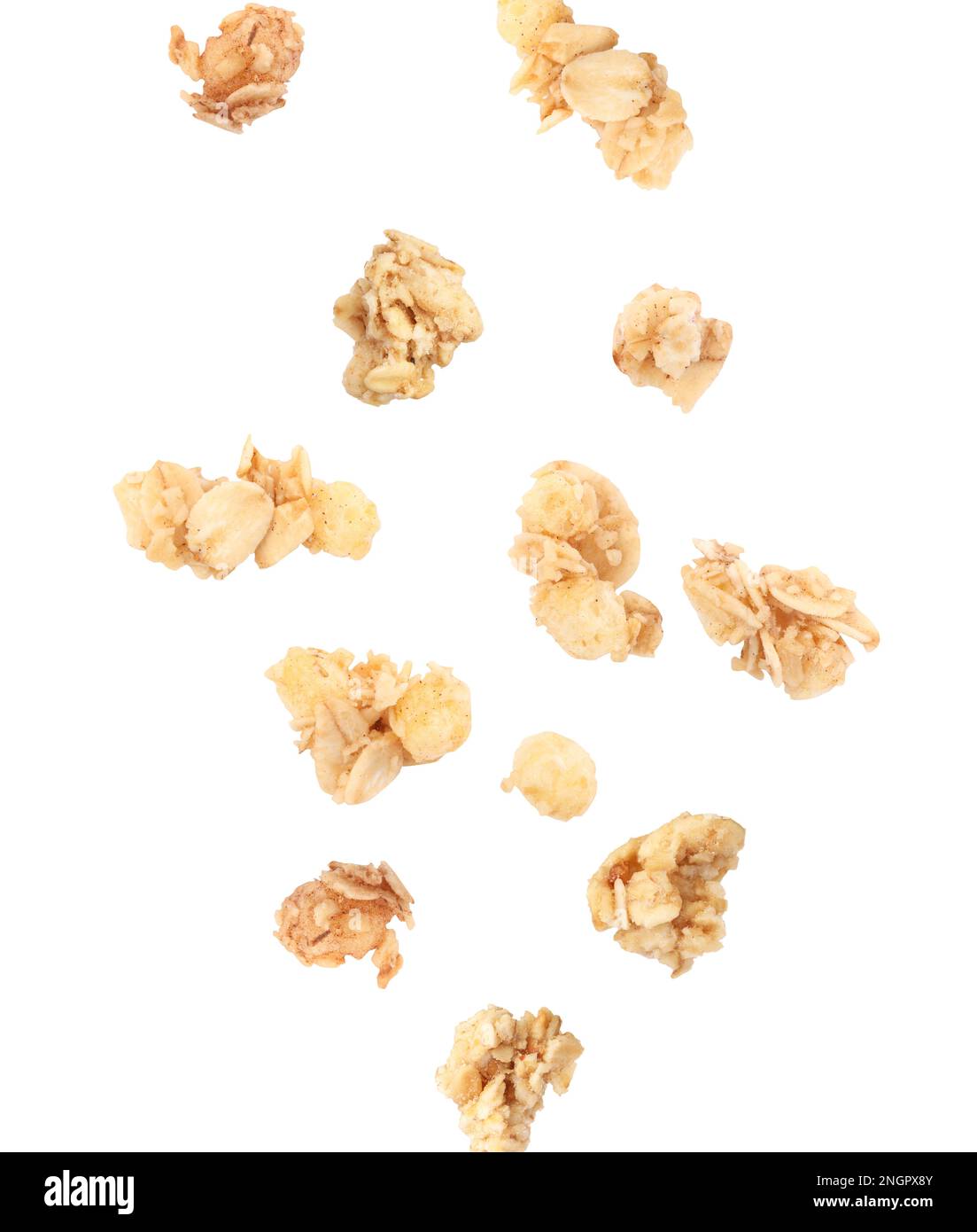 Delicious granola falling on white background. Healthy snack Stock ...