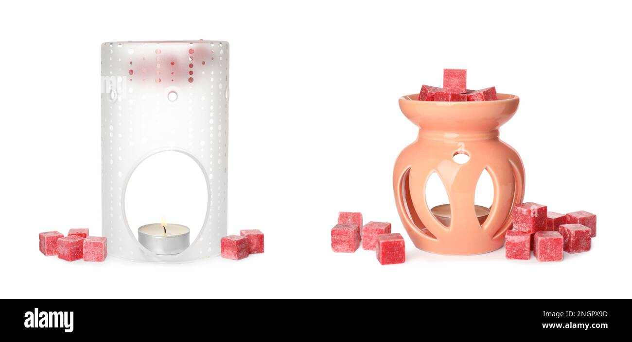 Different stylish aroma lamps with essential wax cubes on white ...