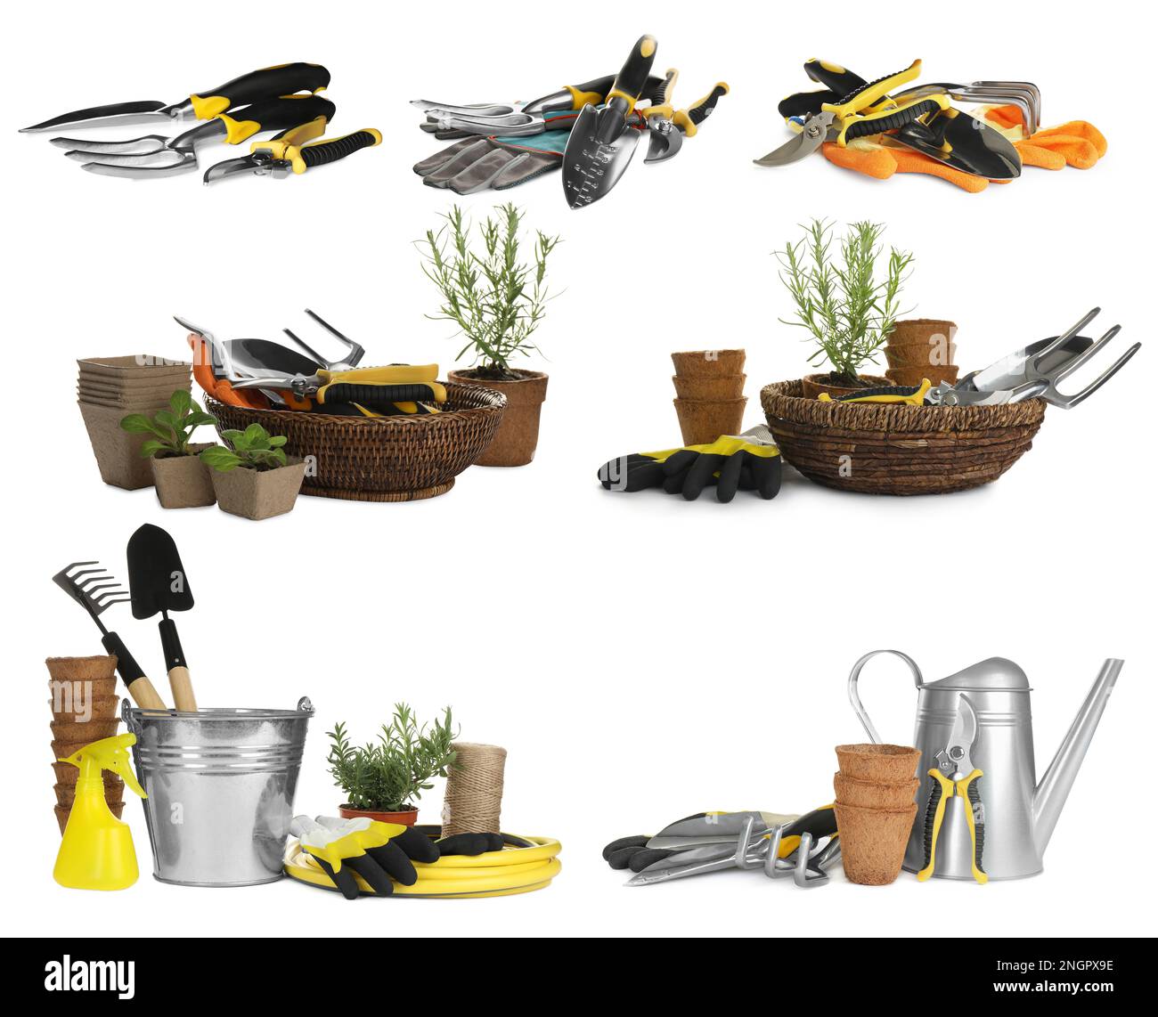 Set of different gardening tools on white background Stock Photo - Alamy