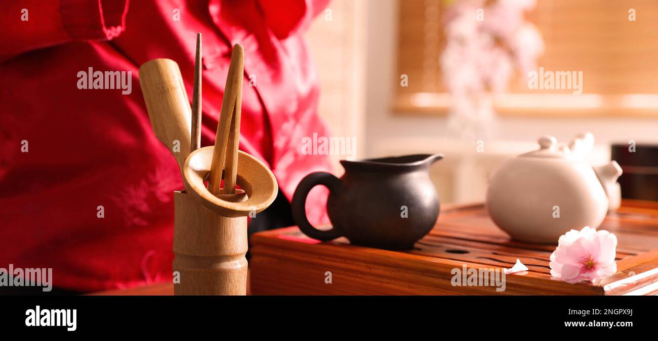 Traditional tea ceremony. Master near tools and tray, closeup Stock ...