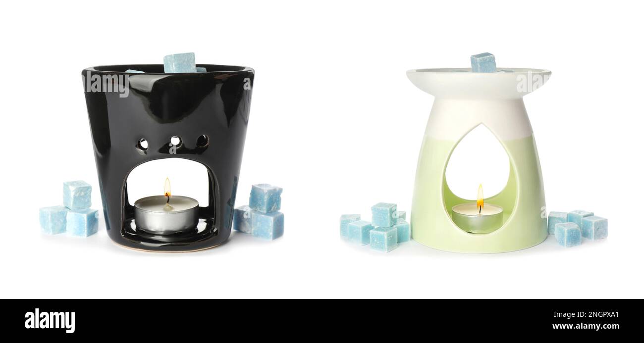 Different stylish aroma lamps with essential wax cubes on white ...