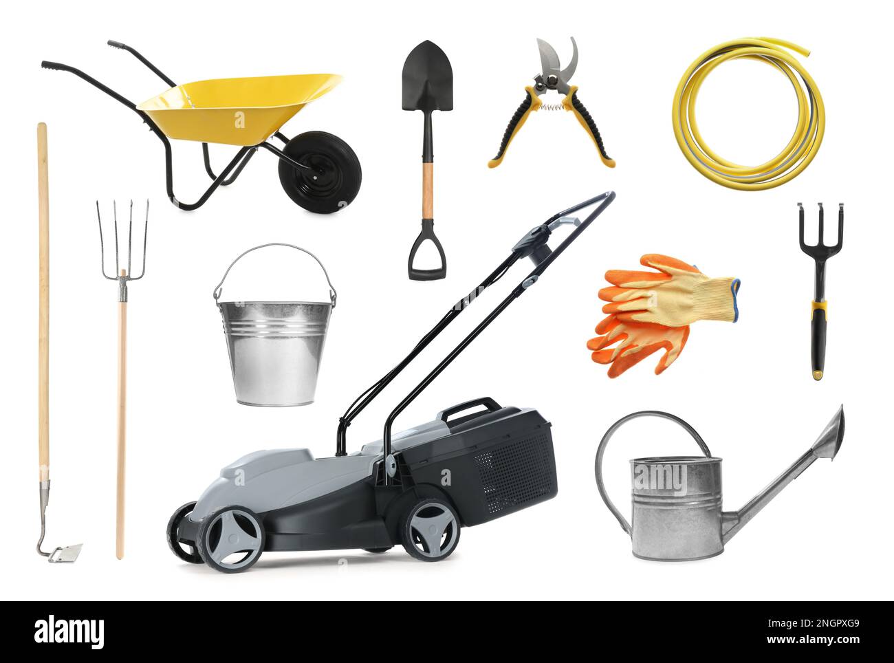 Set with different gardening tools on white background Stock Photo - Alamy